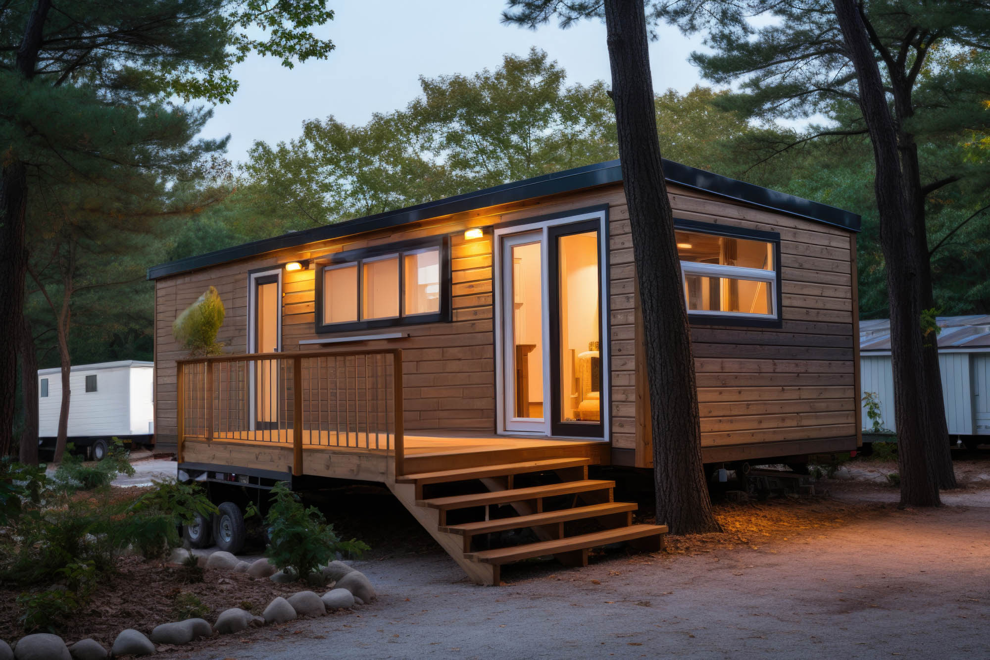 Vacation mobile houses on a campsite with trees around - EBCS Leisure